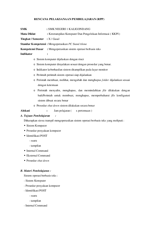 (DOC) RENCANA PELAKSANAAN PEMBELAJARAN (RPP) SMK : SMK NEGERI 1 KALIGONDANG