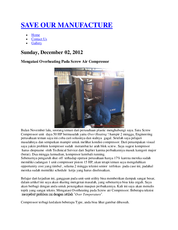 (DOC) SAVE OUR MANUFACTURE Mengatasi Overheating Pada Screw Air Compressor
