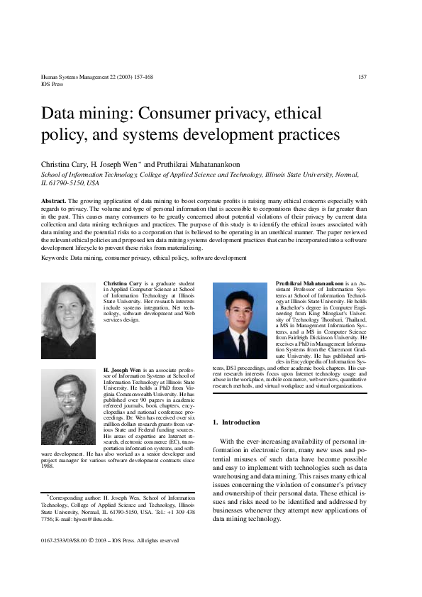 (PDF) Data mining: Consumer privacy, ethical