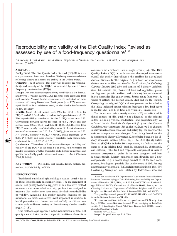 (PDF) Reproducibility and validity of the Diet Quality Index Revised as assessed by use of a ...