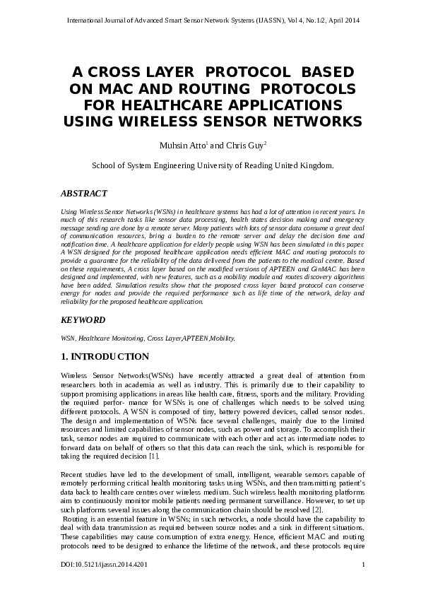 Pdf A Cross Layer Protocol Based On Mac And Routing Protocols For Healthcare Applications