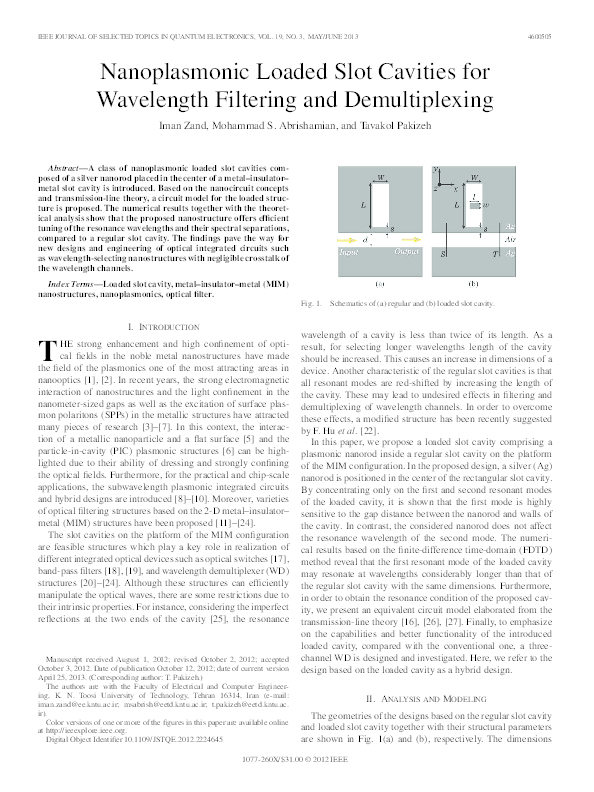 (PDF) Nanoplasmonic loaded slot cavities for wavelength filtering and ...