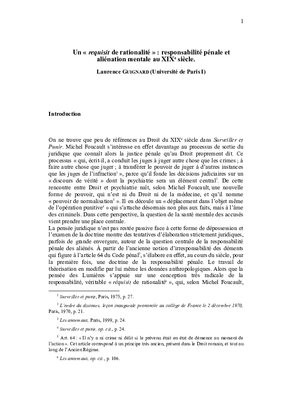 « Un requisit de rationalité : responsabilité pénale et aliénation ...