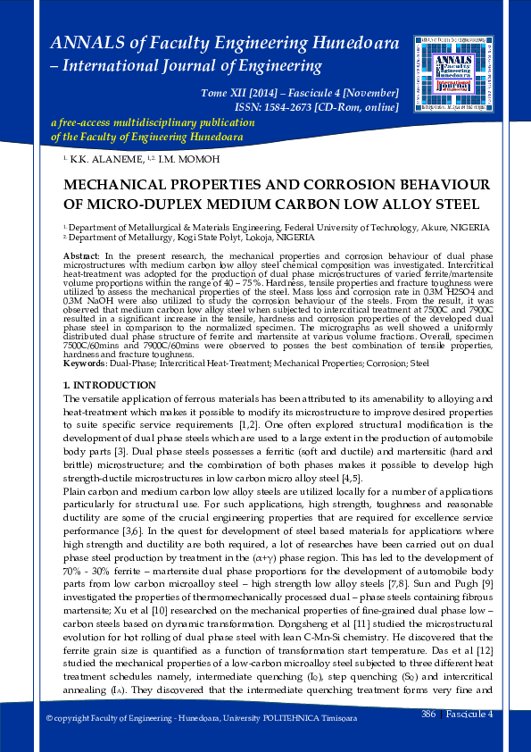 (PDF) MECHANICAL PROPERTIES AND CORROSION BEHAVIOUR OF MICRO‐DUPLEX MEDIUM CARBON LOW ALLOY STEEL