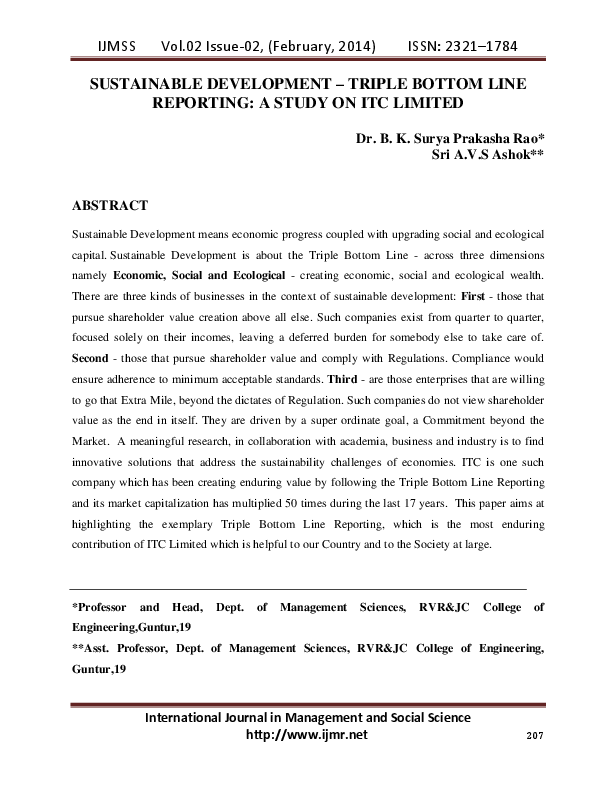 SUSTAINABLE DEVELOPMENT – TRIPLE BOTTOM LINE REPORTING: A STUDY ON ITC ...