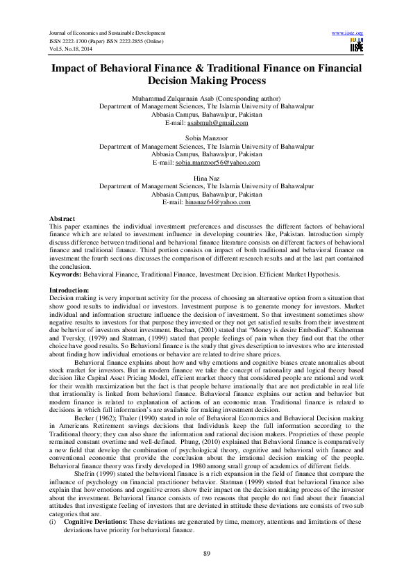 (PDF) Impact of Behavioral Finance & Traditional Finance on Financial ...