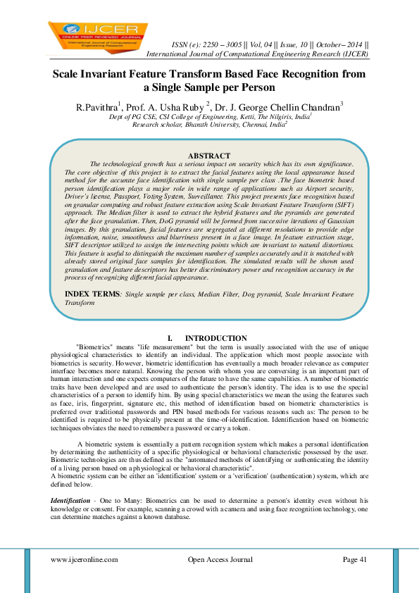 (PDF) Scale Invariant Feature Transform Based Face Recognition from a Single Sample per Person