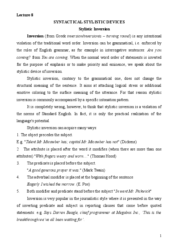 (DOC) Lecture 8 SYNTACTICAL STYLISTIC DEVICES Stylistic Inversion