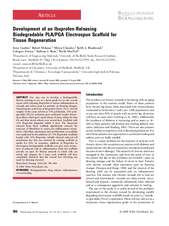 (PDF) Development of an Ibuprofen-releasing biodegradable PLA/PGA electrospun scaffold for ...