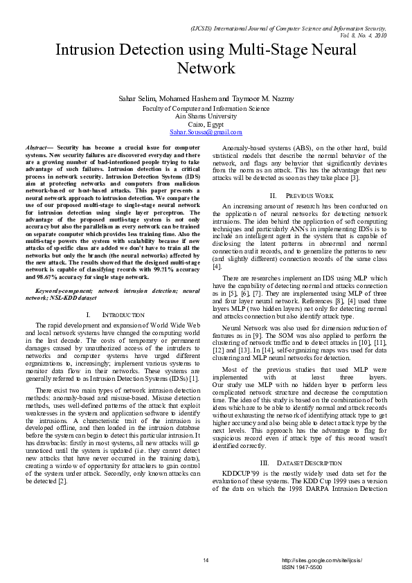 Pdf Intrusion Detection Using Multi Stage Neural Network Sahar Selim