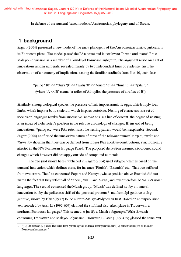 (PDF) In defense of the numeral-based model of Austronesian phylogeny ...