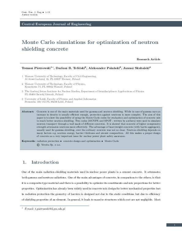 Pdf Monte Carlo Simulations For Optimization Of Neutron Shielding Concrete
