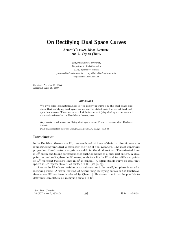 (PDF) On Rectifying Dual Space Curves