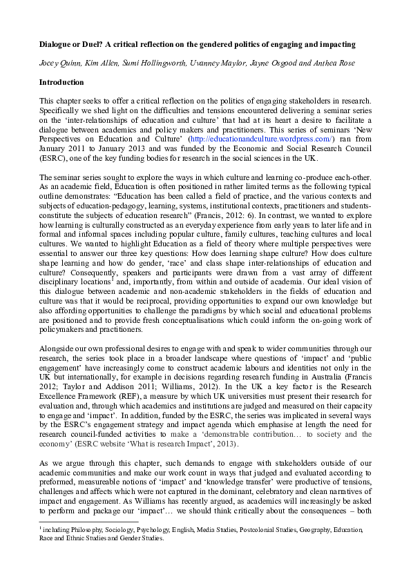 (PDF) Quinn, J., Allen, K., Hollingworth, S., Maylor, U., Osgood, J ...