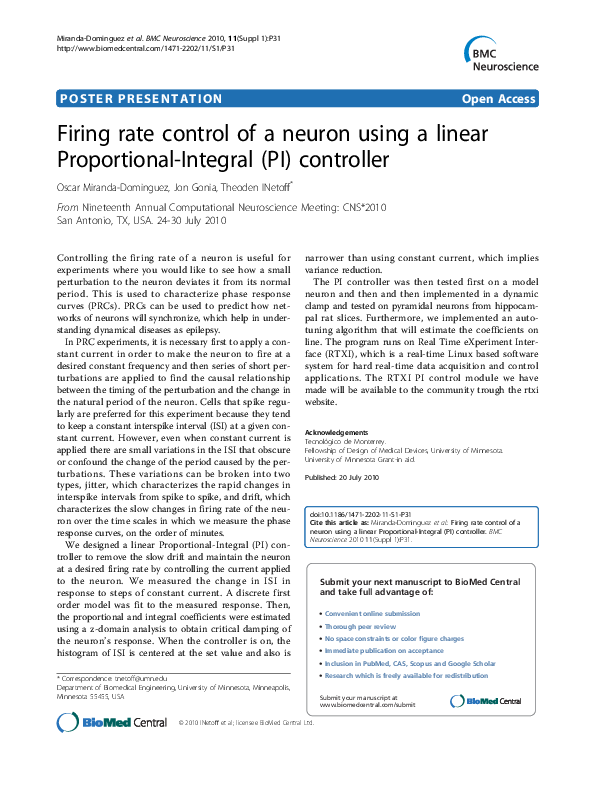 Pdf Firing Rate Control Of A Neuron Using A Linear Proportional Integral Pi Controller