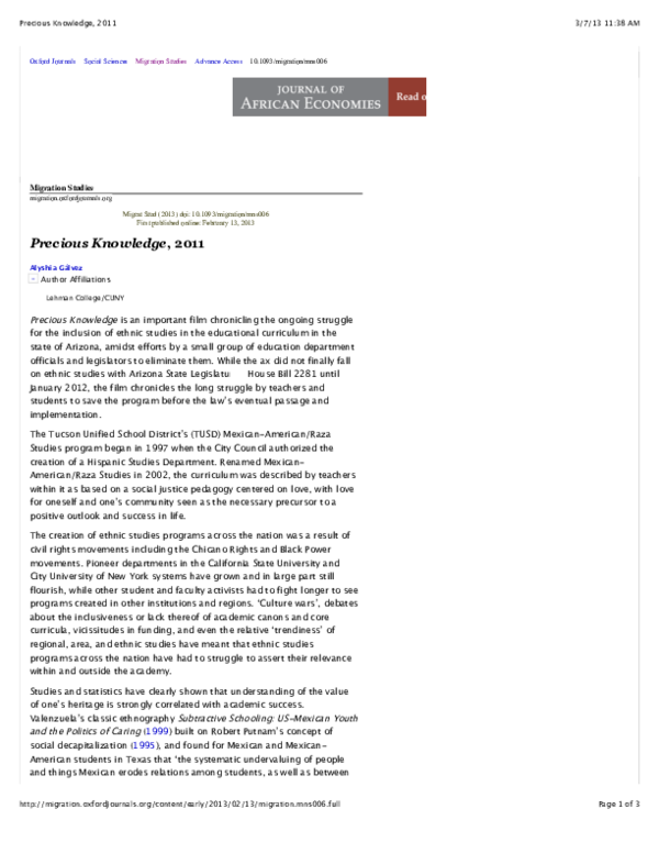 (PDF) Migration Studies. Review of Precious Knowledge, 2011