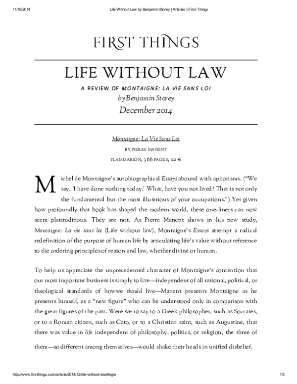 (PDF) "Life Without Law:" a Review of Pierre Manent's Montaigne