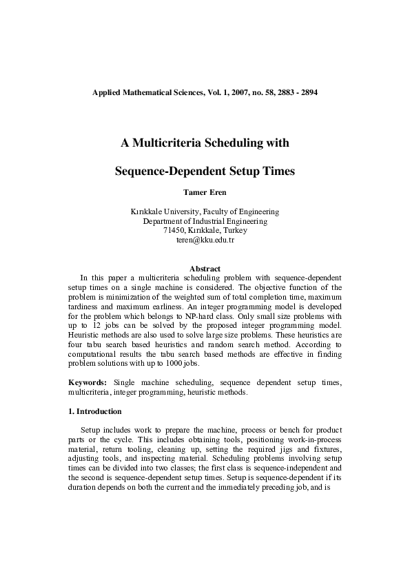 Pdf A Bicriteria Scheduling With Sequence Dependent Setup Times