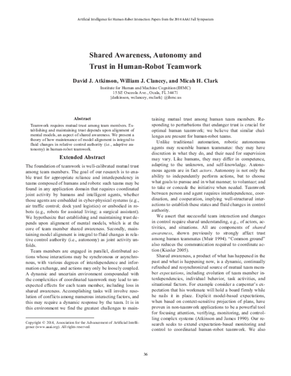 (PDF) Shared Awareness, Autonomy and Trust in Human-Robot Teamwork ...