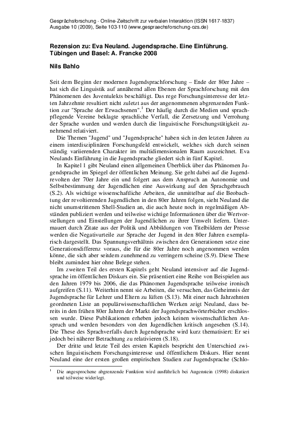 (PDF) Bahlo Nils (2009) Rezension von Eva Neuland: Jugendsprache eine ...