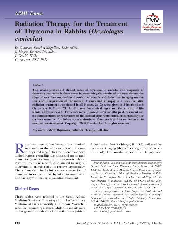 (PDF) Radiation Therapy for the Treatment of Thymoma in Rabbits