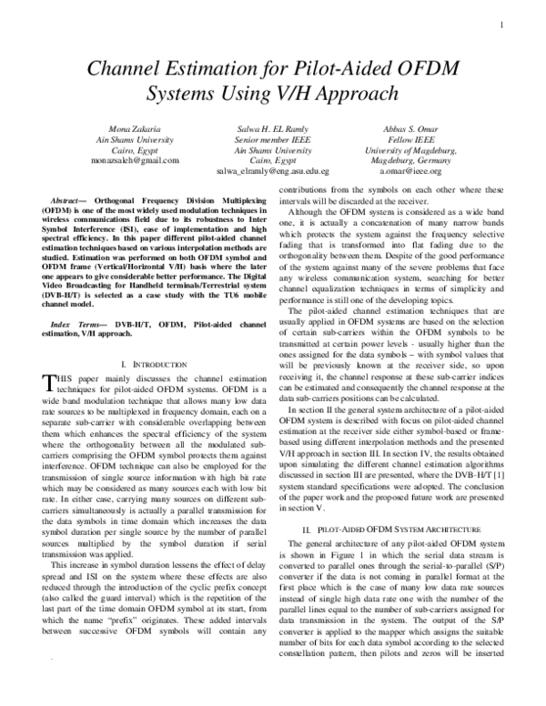 (PDF) Channel Estimation for Pilot-Aided OFDM Systems Using V/H Approach