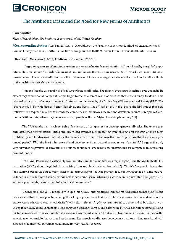 (PDF) The Antibiotic Crisis and the Need for New Forms of Antibiotics