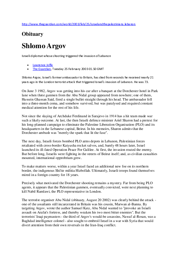 (PDF) Obituary: Shlomo Argov, Israeli Diplomat Whose Shooting Triggered ...
