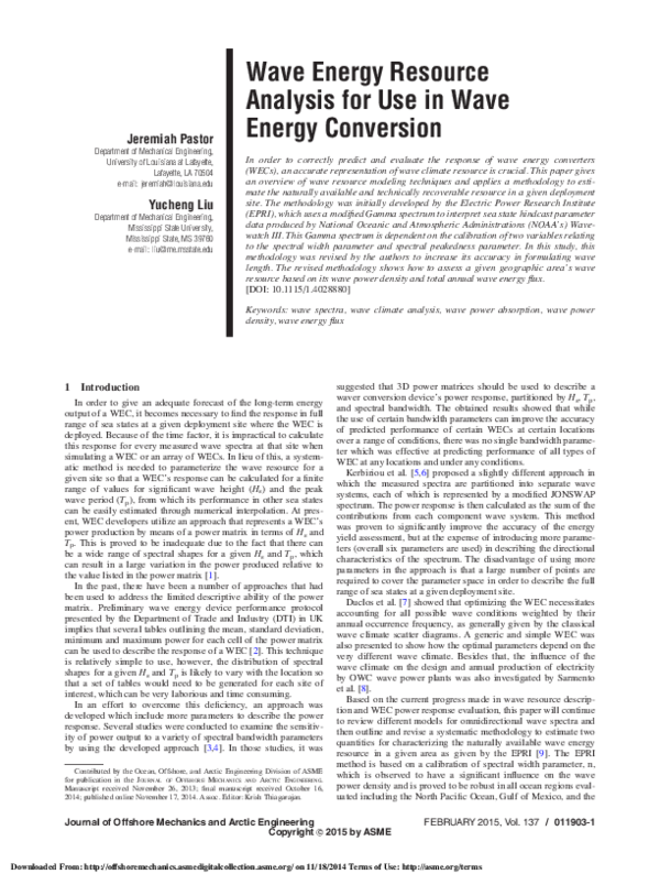 (PDF) Wave Energy Resource Analysis for Use in Wave Energy Conversion