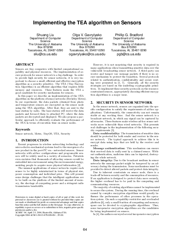Pdf Implementing The Tea Algorithm On Sensors