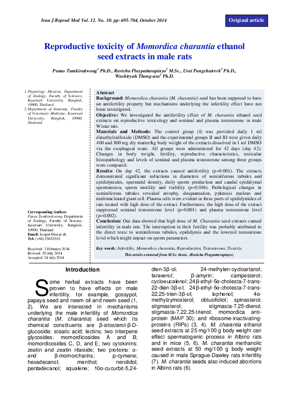 (PDF) Reproductive toxicity of Momordica charantia ethanol seed ...