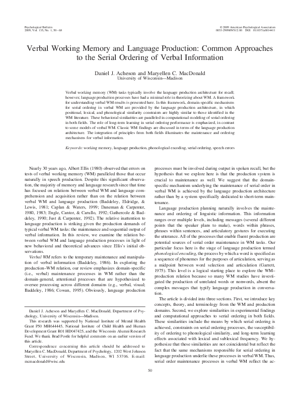 (PDF) Verbal working memory and language production: Common approaches to the serial ordering of ...
