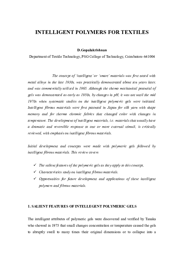 (DOC) INTELLIGENT POLYMERS FOR TEXTILES