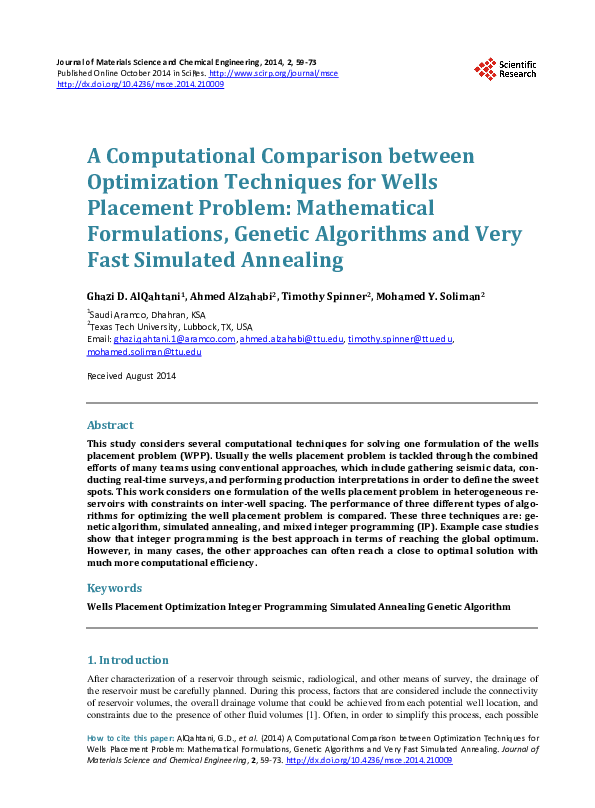 Pdf A Computational Comparison Between Optimization Techniques For Wells Placement Problem