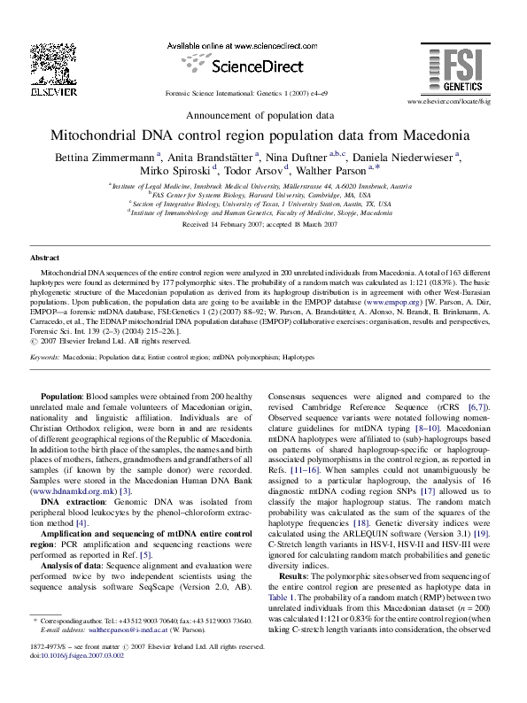 (PDF) Mitochondrial DNA control region population data from Macedonia