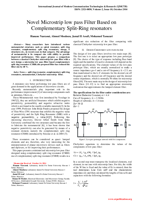 Pdf Microstrip Low Pass Filter Based On Complementary Split Ring
