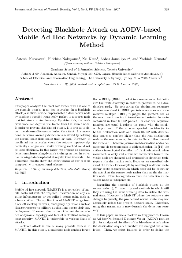 Pdf Detecting Blackhole Attack On Aodv Based Mobile Ad Hoc Networks By Dynamic Learning Method