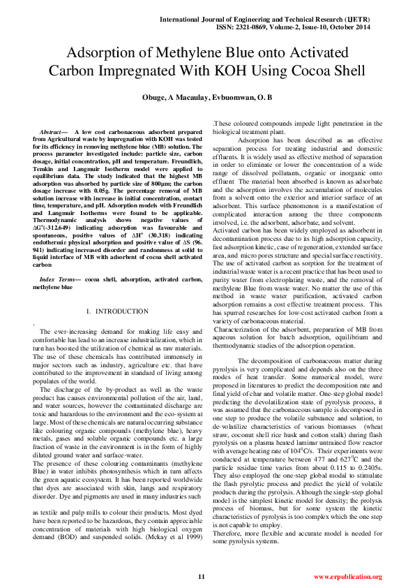 (PDF) Adsorption of Methylene Blue onto Activated Carbon Impregnated With KOH Using Cocoa Shell