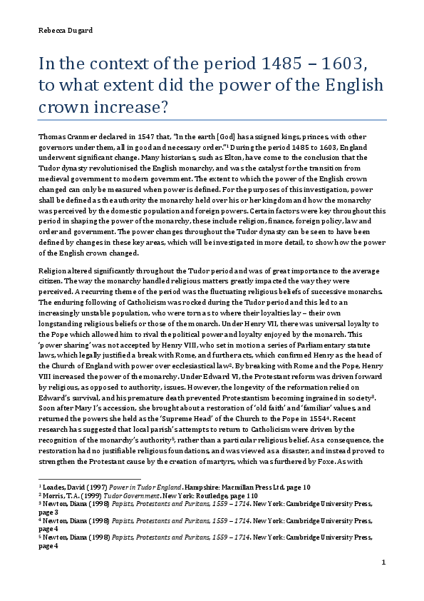 (DOC) In the context of the period 1485 – 1603, to what extent did the ...