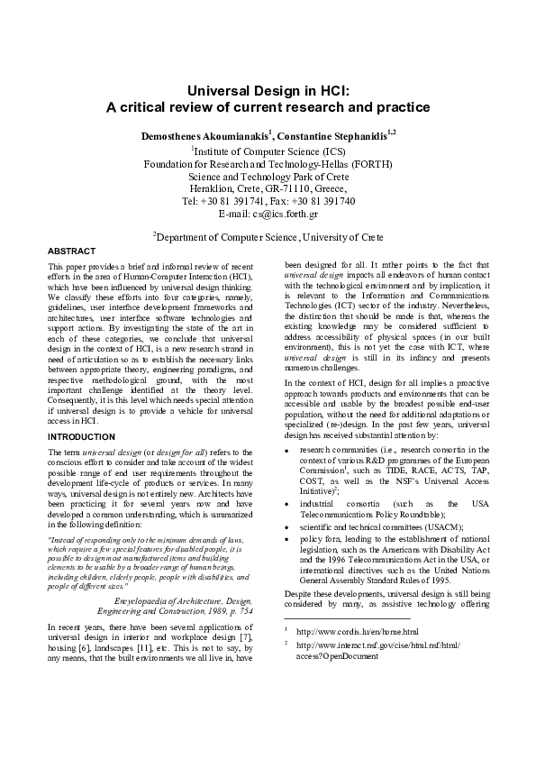 (PDF) Universal Design in HCI: A critical review of current research and practice | Demosthenes ...