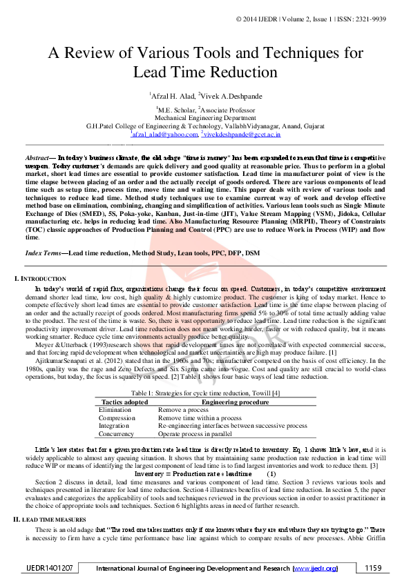 A Review of Various Tools and Techniques for Lead Time Reduction