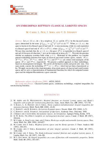 Pdf On Embeddings Between Classical Lorentz Spaces Javier Soria