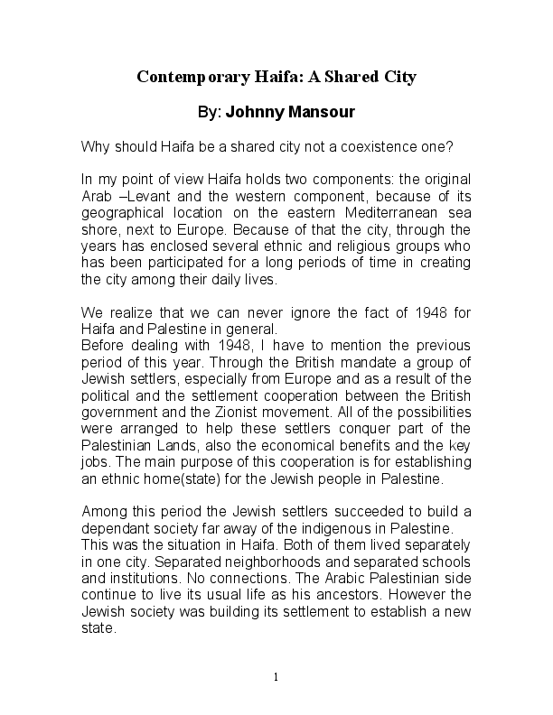 (DOC) Contemporary Haifa: A Shared City | johnny mansour - Academia.edu