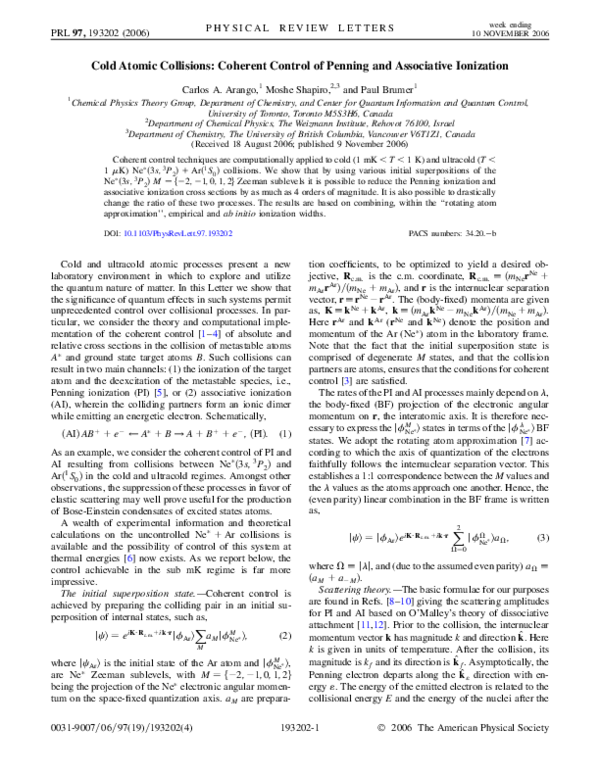 (PDF) Cold Atomic Collisions: Coherent Control of Penning and ...