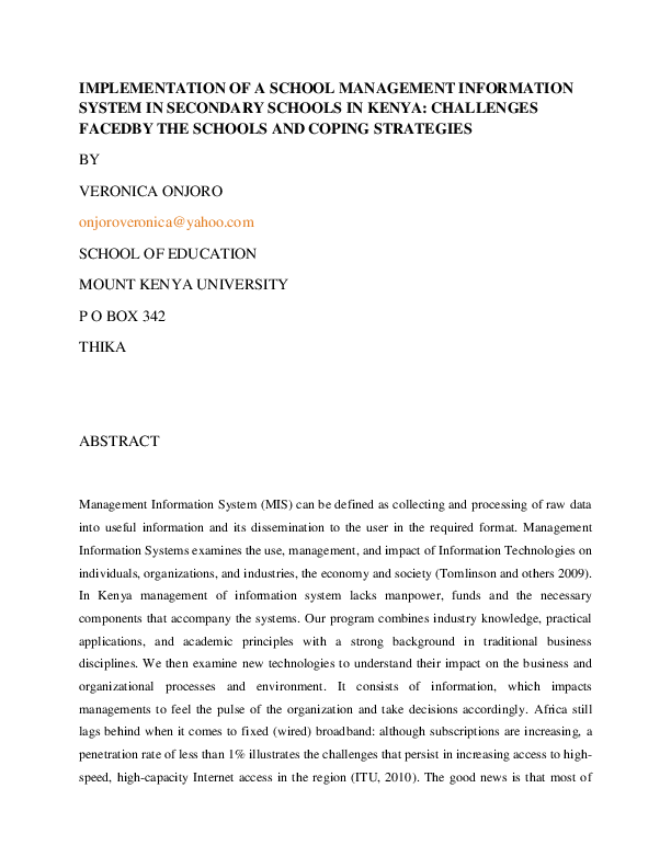 Doc Implementation Of A School Management Information System In Secondary Schools In Kenya