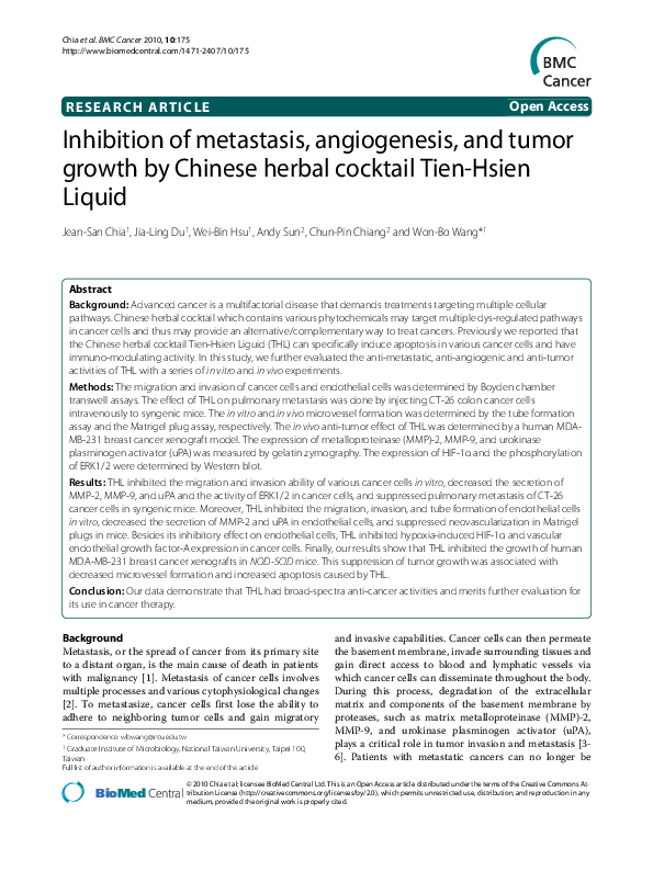 (PDF) Inhibition of metastasis, angiogenesis, and tumor growth by Chinese herbal cocktail Tien ...