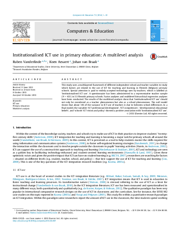 (PDF) Institutionalised ICT use in primary education: A multilevel analysis