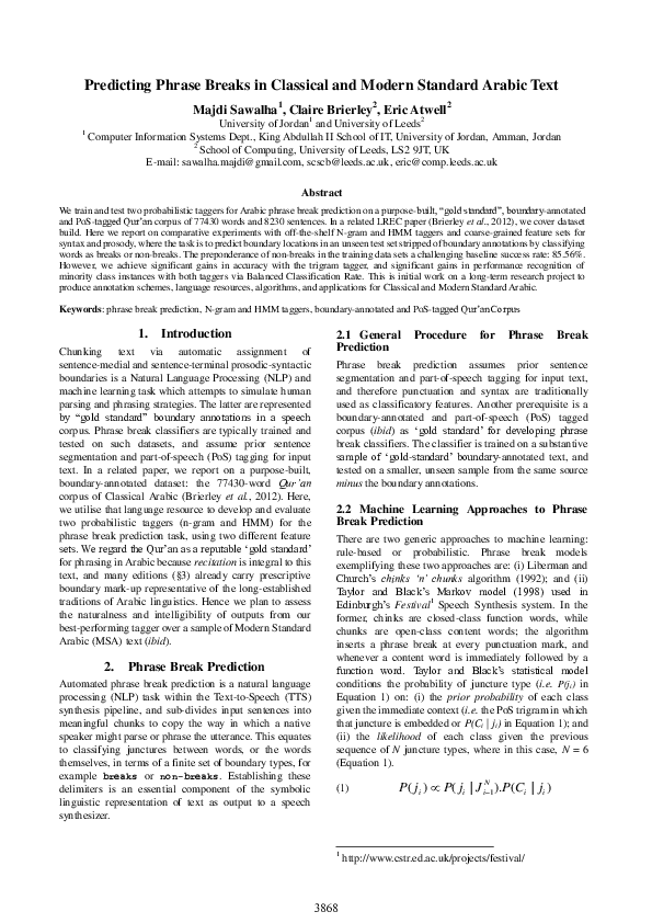 (PDF) Predicting Phrase Breaks in Classical and Modern Standard Arabic Text