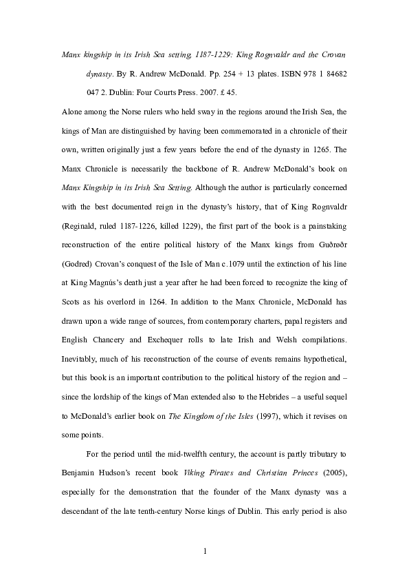 (DOC) Manx Kingship in its Irish Sea Setting, 1187–1229: King Rognvaldr ...