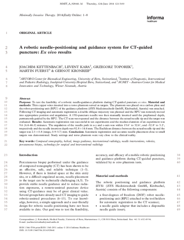 (PDF) 2 A robotic needle-positioning and guidance system for CT-guided 3 puncture: Ex vivo results